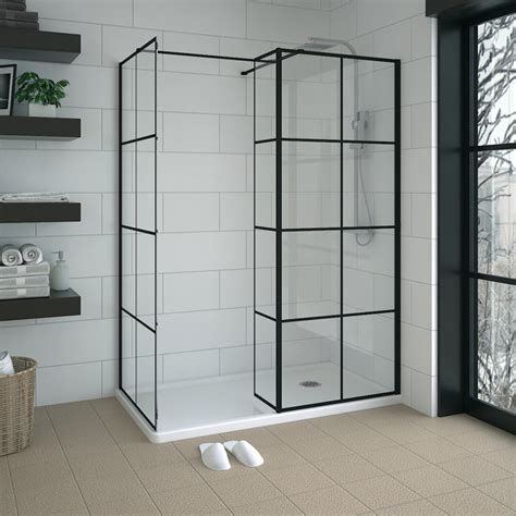 Belfry Bathroom Black Grid Glass Screen With 215mm Return Panel