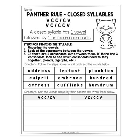 multisyllable words book panther rule closed syllable reading and