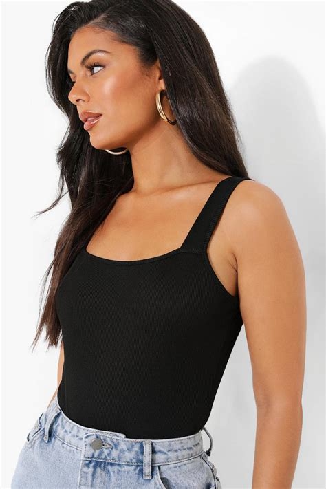 Black Square Neck Strappy Rib Bodysuit Boohoo Uk