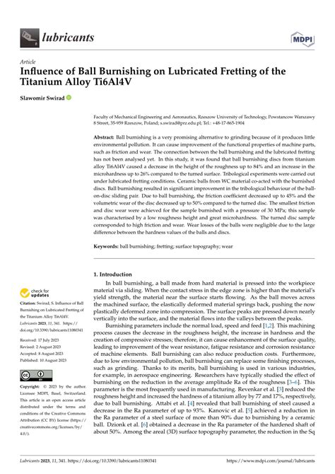 Pdf Influence Of Ball Burnishing On Lubricated Fretting Of The Titanium Alloy Ti6al4v