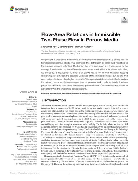 Pdf Flow Area Relations In Immiscible Two Phase Flow In Porous Media