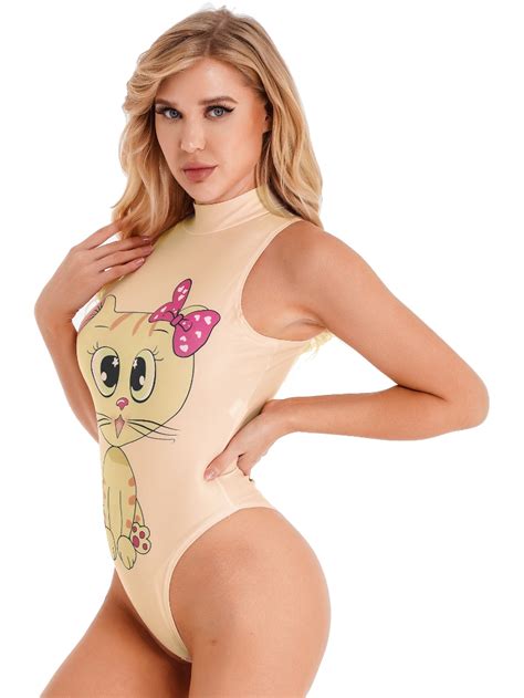 Sexy Womens Anime Role Play Costume Nightwear Mock Neck Sleeveless High Cut Leotard Cartoon
