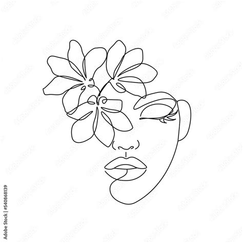 Woman Face With Flowers Line Vector Drawing Style Template With Female