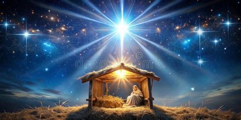 Star Shining Over Christmas Manger Scene Of Jesus Christ Stock
