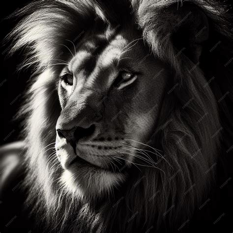 Portrait Of A Male Lion In Black And White Monochrome Premium Ai