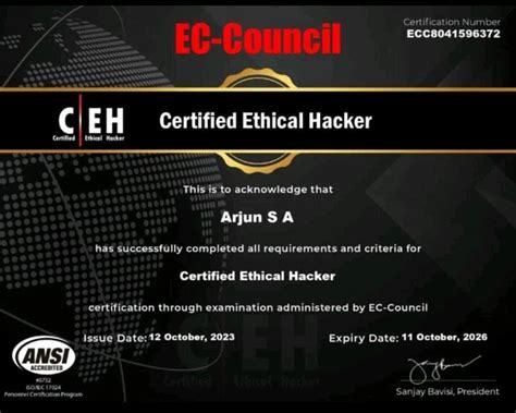 Arjun S A On Linkedin Vapt Ceh Cehv12 Eccouncil Cybersecurity Certifiedethicalhacker