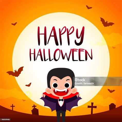 해피 할로윈 인사말 카드 벡터 일러스트입니다 귀여운 보름달 배경으로 드라큘라 백작입니다 뱀파이어의 만화 10월에 대한 스톡 벡터