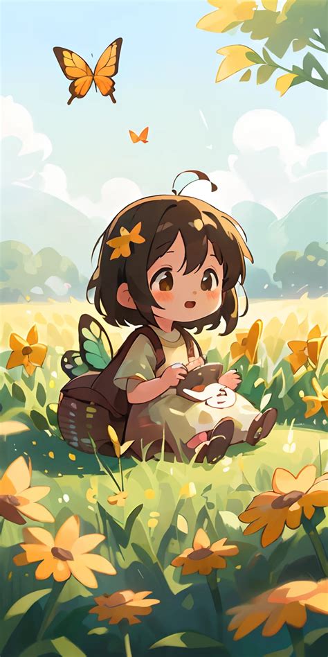 고양이와 나비와 함께 들판에 앉아 있는 만화 소녀 Seaart Ai