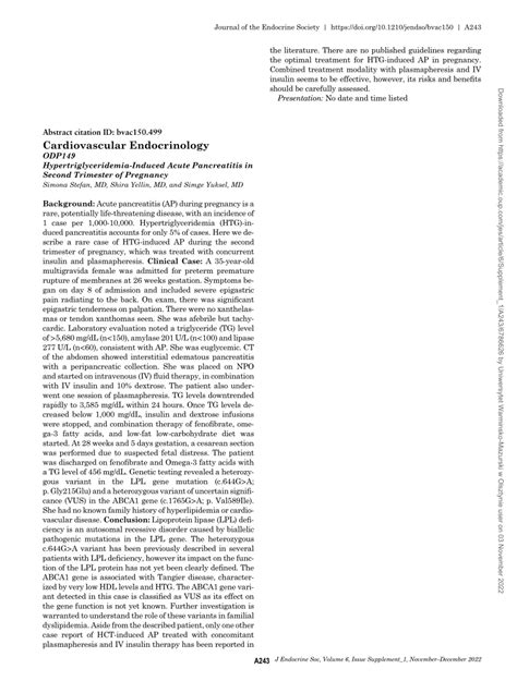 Pdf Odp149 Hypertriglyceridemia Induced Acute Pancreatitis In Second Trimester Of Pregnancy