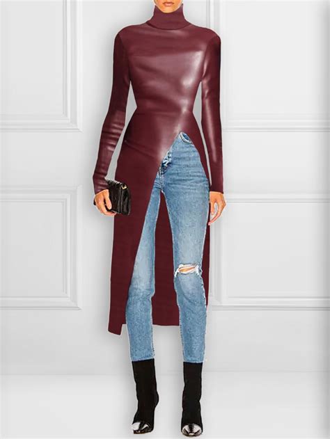 Plus Size Regular Fit Urban Plain Turtleneck Leather Top Stylewe