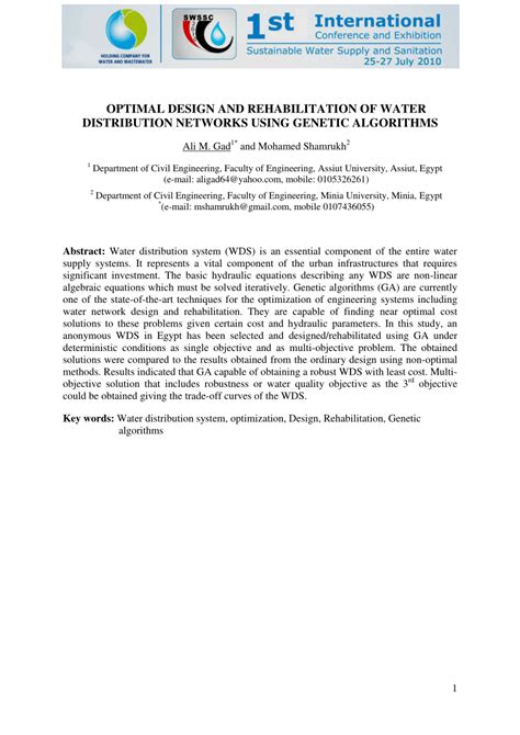 Pdf Optimal Design And Rehabilitation Of Water Distribution Networks