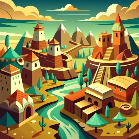 Primitive Bronze Age City In Comic Style Vector Illustration Premium