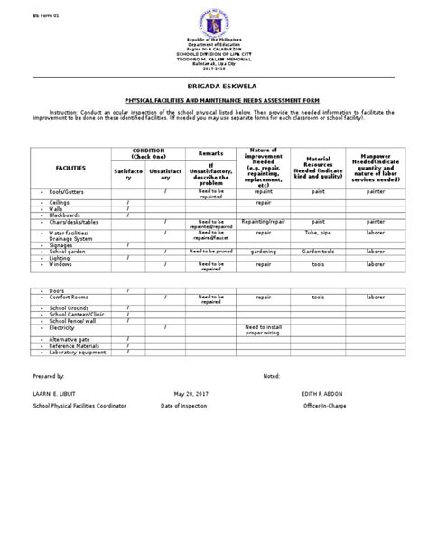Be Form 1 Physical Facilities And Maintenance Needs Assessment Form