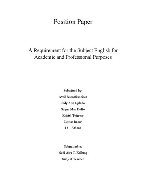 Position Paper Requirement For The Subject English For Academic And