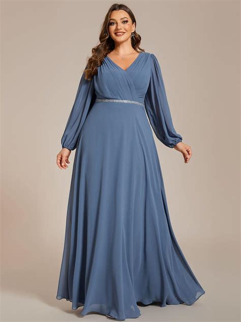 Plus Size A Line Flowy Double V Neck Long Lantern Sleeves Chiffon