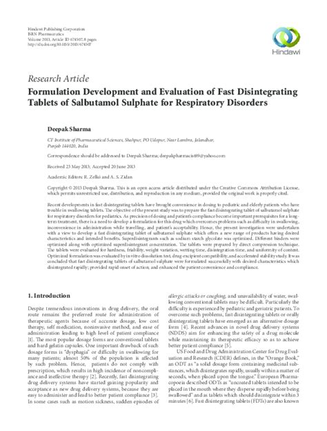 Pdf Formulation Development And Evaluation Of Fast Disintegrating Tablets Of Salbutamol