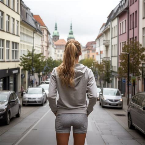 Rear View Of A Young Blonde Woman In Sportswear On The City Street