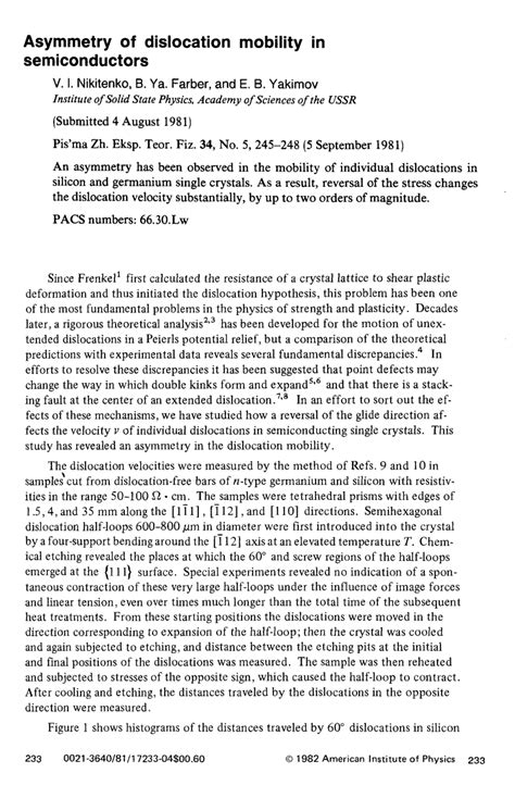 Pdf Asymmetry Of Dislocation Mobility In Semiconductors