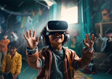추상적인 미래 학교 교실에서 Vr 안경을 쓴 아이 무료 사진