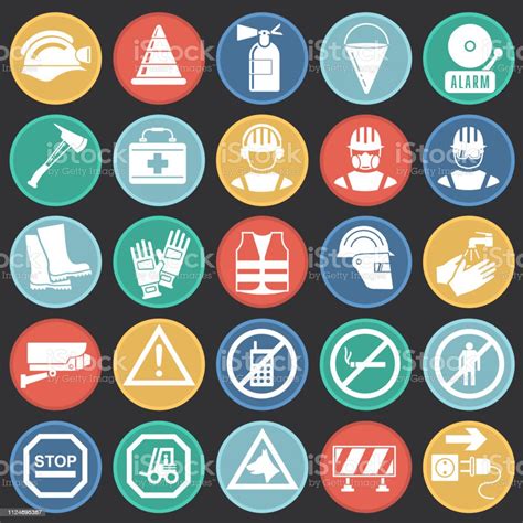 Safety Icons On Color Circles Black Background For Graphic And Web