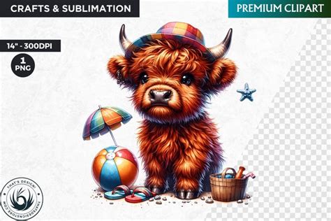 Watercolor Summer Baby Highland Cow Clipart PNG Sublimation