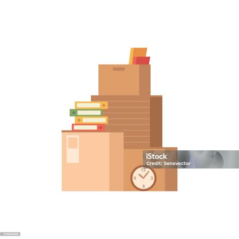 개인 물건 식물 가정 장식 및 가구로 포장 된 골판지 상자는 물건으로 팩의 평평한 만화를 격리했습니다 벡터 재배치 또는 집이나 사무실에서 이동 패키지의 소지품 가구에 대한