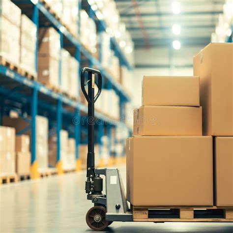 Loaded Manual Pallet Jack With Stacked Shipping Boxes In Warehouse