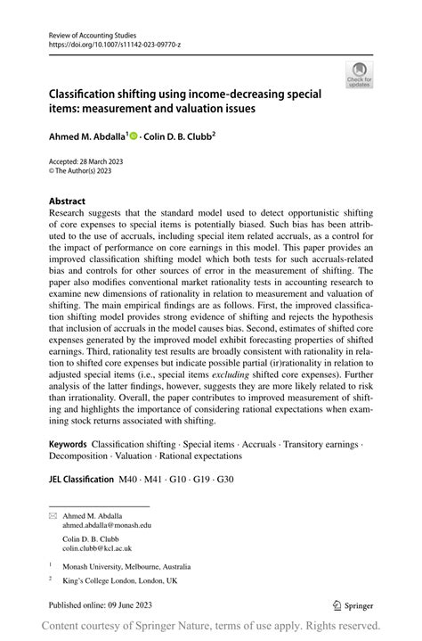 Pdf Classification Shifting Using Income Decreasing Special Items Measurement And Valuation