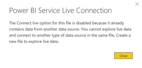 power bi service live connection message when try to import from power