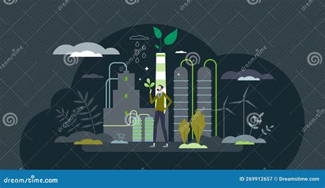 Environment Friendly Power Plant For Clean Green Energy Tiny Person Concept Stock Vector