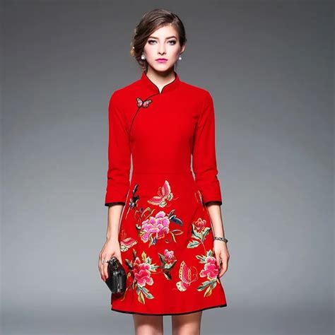 Red Flower Qipao Women Modern Traditional Chinese New Year Dress