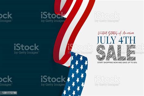 7月4日銷售橫幅背景揮舞著美利堅合眾國國旗彩帶美國獨立日慶祝活動逼真的向量圖向量圖形及更多美國國慶圖片 美國國慶 大減價 七月