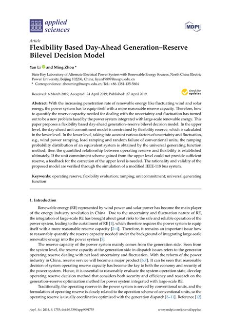 Pdf Flexibility Based Day Ahead Generationreserve Bilevel Decision Model