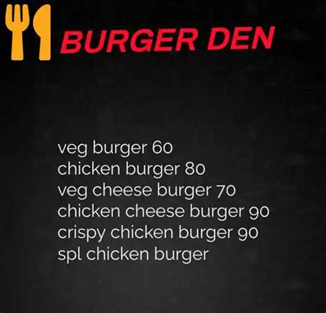 Menu Of Burger Den Jeedimetla Hyderabad