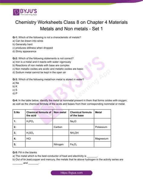 Class 8 Chemistry Worksheet On Chapter 4 Materials Metals And Non