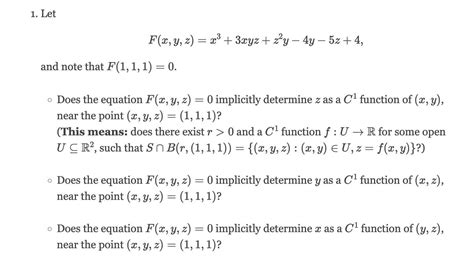Solved Does The Equation F A Y Z 0 Implicitly Chegg