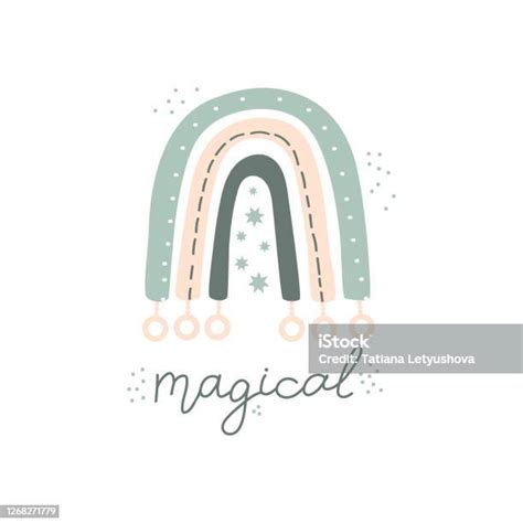 별과 귀여운 벡터 파스텔 무지개 흰색 배경에 고립 된 파란색 회색과 분홍색 색상의 유치한 스칸디나비아 스타일의 마법 어린이 의류 포스터 카드 직물에 적합 구름에 대한 스톡