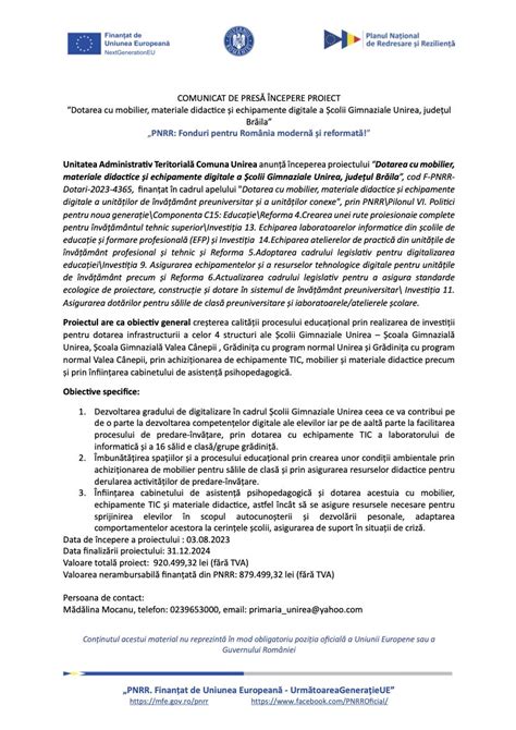 Comunicat de presa Inceperea proiectului Dotarea cu mobilier materiale didactice și
