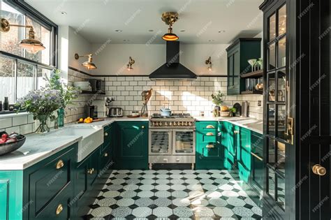 Premium Photo Modern Kitchen With Green Cabinets And Geometric Floor