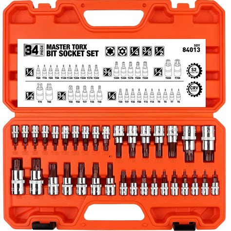Horusdy 34 Piece Torx Bit Socket Set Premium S2 Alloy Steel Solid Star T6 ~ T70 And Tamper