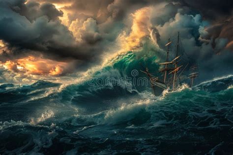 Dramatic Ship In Stormy Sea Maritime Adventure Art Stock Image Image