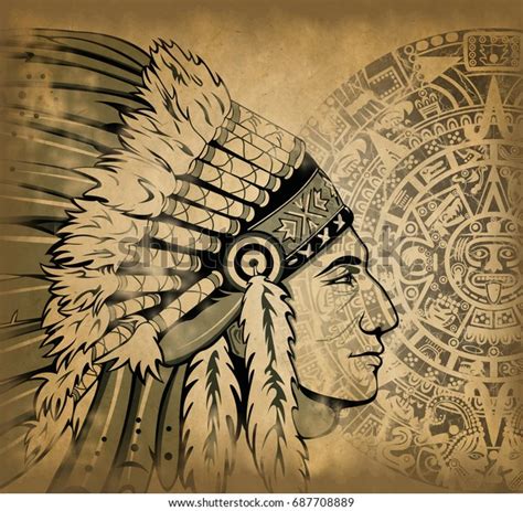 Aztec Calendar Face Man Traditional Headdresses Stock Illustration