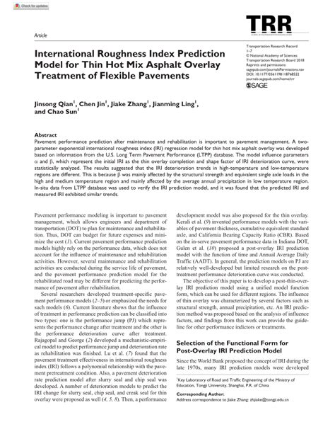 Pdf International Roughness Index Prediction Model For Thin Hot Mix