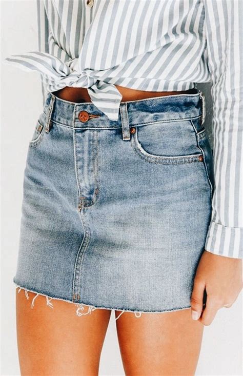 Casual Denim Mini Skirt With Cute Blue And White Striped Shirt Casual Summer Outfits Fashion