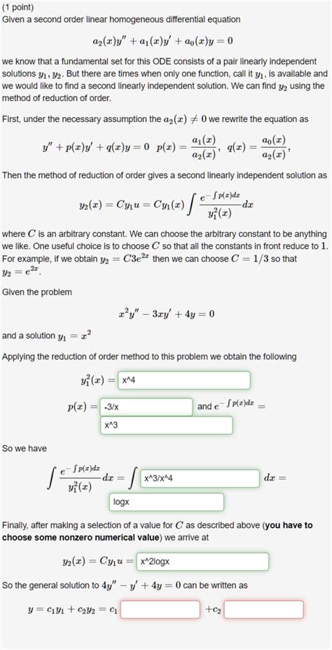 Solved 1 Point Given A Second Order Linear Homogeneous
