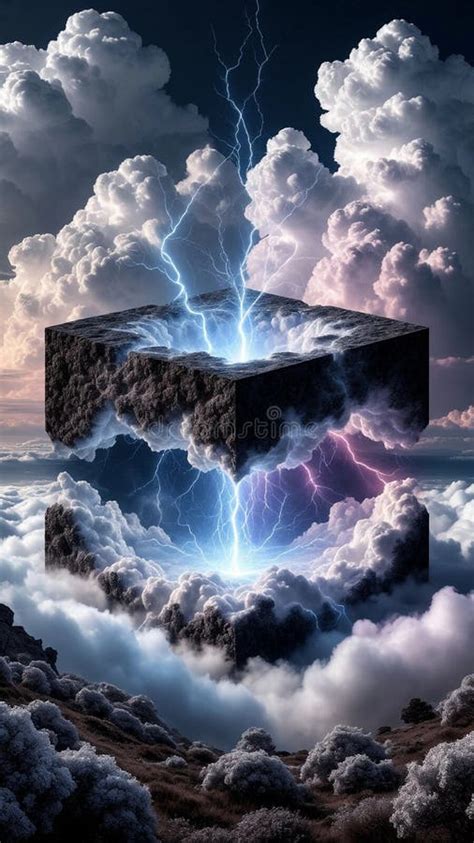 Surreal Floating Cube With Lightning On The Background Of A Dramatic