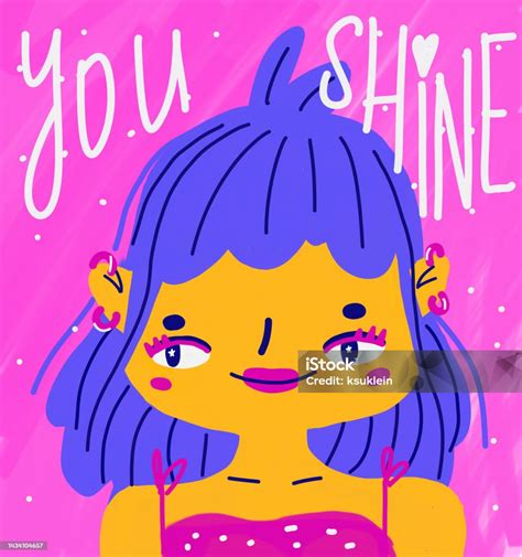 추상적 인 소녀와 타이포그래피의 재미있는 화려한 초상화 당신은 빛납니다 동기 부여 카드 포스터 인쇄물에 대한 생생한 그림 여성과