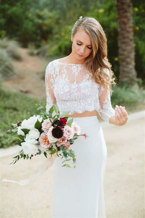 Flowy Boho Lace Crop Top Mermaid Chiffon Skirt Two Piece Wedding Dress
