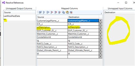 how do you refresh the unmapped input columns in ssis the field exists