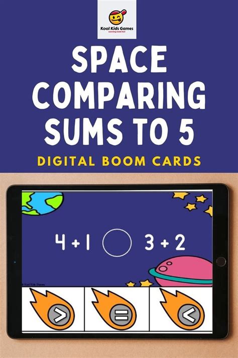 An Ipad With The Text Space Comparing Sums To 5 Digital Boom Cards On It